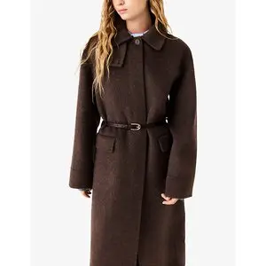 Maje Faux Fur-collar Belted Wool-blend Coat - Dark Brown