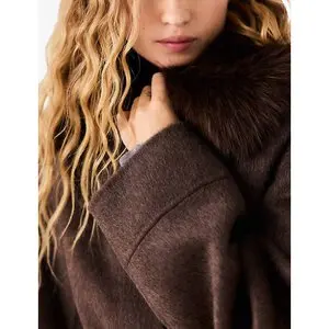 Maje Faux Fur-collar Belted Wool-blend Coat - Dark Brown