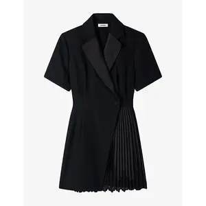 Sandro Wraparound Lapel-collar Wool-blend Mini Dress - Black