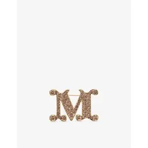 Max Mara Logo Metal And Rhinestone Brooch - Camel