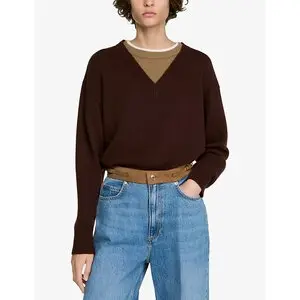 Sandro Two-in-one Wool And Cashmere-blend Jumper - Bordeaux