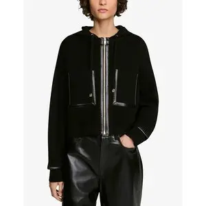 Sandro Hooded Leather-trim Wool And Cashmere Cardigan