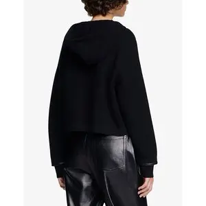 Sandro Hooded Leather-trim Wool And Cashmere Cardigan