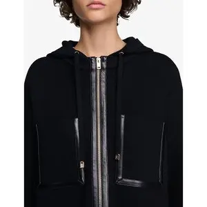 Sandro Hooded Leather-trim Wool And Cashmere Cardigan
