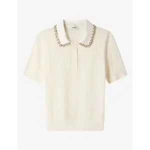 Sandro Embellished-collar Short-sleeve Wool Jumper - Ecru