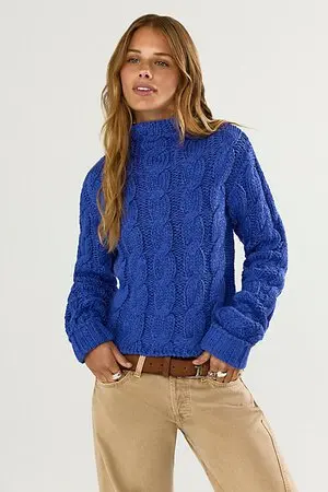 Free People Simone Cable Knit Pullover At - Blue Laser