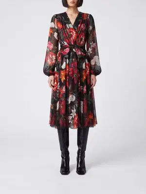 Dolce & Gabbana Floral Midi Silk Dress With Balloon Sleeves