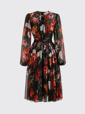 Dolce & Gabbana Floral Midi Silk Dress With Balloon Sleeves