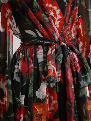 Dolce & Gabbana Floral Midi Silk Dress With Balloon Sleeves