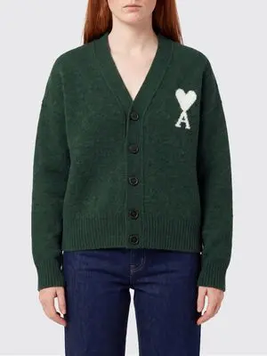 AMI Paris Alpaca Wool V-neck Cardigan With Jacquard Logo - Ecru