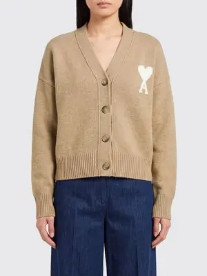 AMI Paris Alpaca Wool V-neck Cardigan With Jacquard Logo - Sand