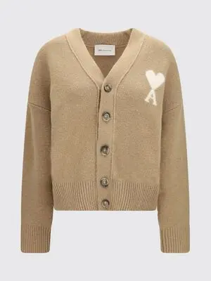 AMI Paris Alpaca Wool V-neck Cardigan With Jacquard Logo - Sand