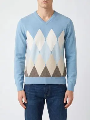 BALLANTYNE Argyle Pattern 100% Cashmere Crewneck Sweater - Blue
