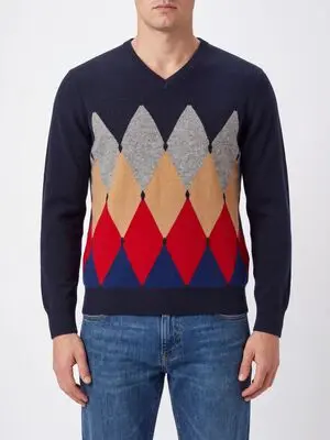 BALLANTYNE Argyle Pattern 100% Cashmere Crewneck Sweater - Fa01