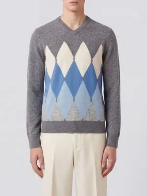 BALLANTYNE Argyle Pattern 100% Cashmere Crewneck Sweater - Grey
