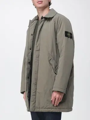 Stone Island Single-breasted Knee-length Trench Coat In Nylon With Logo Patch - Green