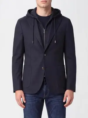 Eleventy Single-breasted Blazer In Wool And Technical Fabric With A Zipped Hooded Insert - Blue