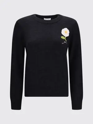 GANNI Crewneck Merino Wool Sweater With Decorative Macramé Lace Inserts