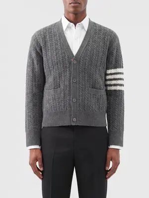Thom Browne 4-bar Stripe V-neck Slim Fit Wool Tricot Cardigan - Grey