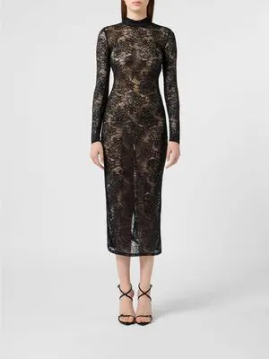 Philipp Plein Midi Evening Dress In Lace With Crystals And A Mock Neck