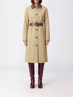 JACOB COHЁN Long Single-breasted Cotton Coat With Leather Collar And Belt - Brown