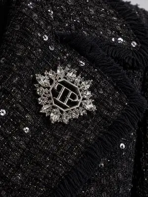 Philipp Plein Long Double-breasted Tweed Coat With Sequin Embroidery