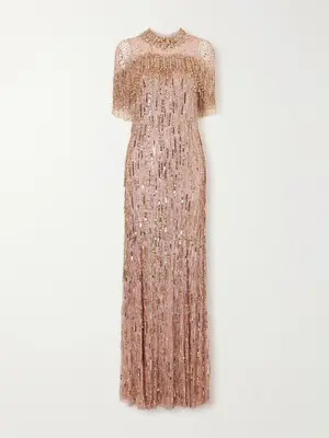 Jenny Packham Leia Cape-detailed Sequin-embellished Gown