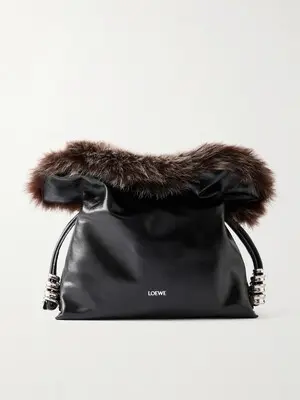 Loewe Flamenco Medium Shearling-trimmed Leather Clutch - Black