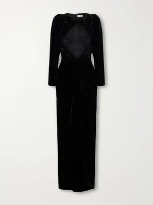 Balmain Open-front Lingerie-detail Gathered Velvet Maxi Gown - Black