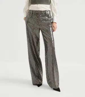 Brunello Cucinelli Virgin Wool Sequin Wide-leg Trousers