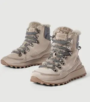 Brunello Cucinelli Suede Shearling-trim Hiking Boots - Beige