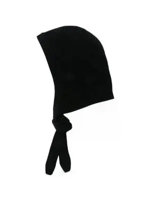 Soft Goat Ribbed-knit Tie-fastening Beanie Hat - Black