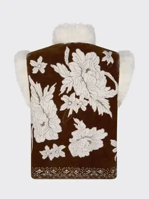 FORTE_FORTE Floral Embroidered Faux Fur Vest With Shawl Collar - Beige