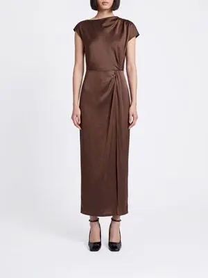 Federica Tosi Draped Asymmetric Satin Midi Evening Dress - Brown