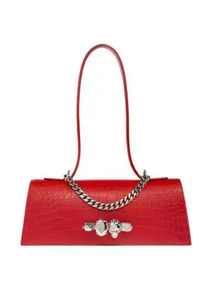 Alexander McQueen Jewelled Croc-embossed Leather Shoulder Bag - Red