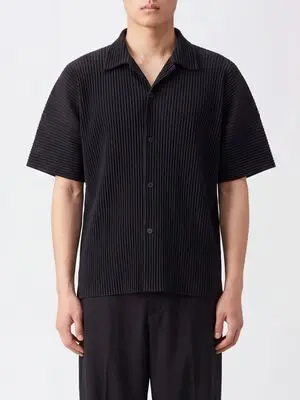 Issey Miyake Short-sleeved Pleated Bowling Shirt Homme Plissé With Cuban Collar - Black
