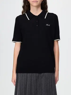Karl Lagerfeld Knitted Polo Shirt In 100% Merino Wool With Contrast Trims - Black