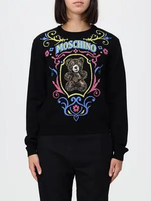 Moschino Teddy Bear Jacquard Logo Crewneck Sweater In 100% Merino Wool - Black