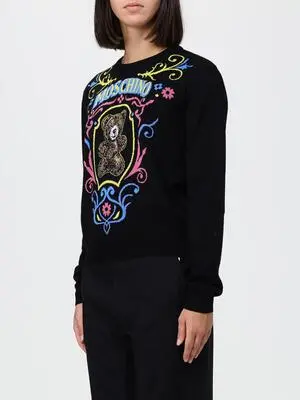 Moschino Teddy Bear Jacquard Logo Crewneck Sweater In 100% Merino Wool - Black