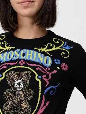 Moschino Teddy Bear Jacquard Logo Crewneck Sweater In 100% Merino Wool - Black
