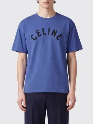 Celine Cotton T-shirt With Contrasting Logo Print On The Front - Blue