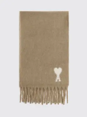 AMI Paris Alpaca Wool Scarf With Printed Logo And Fringed Edges - Beige