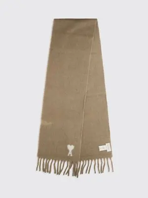 AMI Paris Alpaca Wool Scarf With Printed Logo And Fringed Edges - Beige