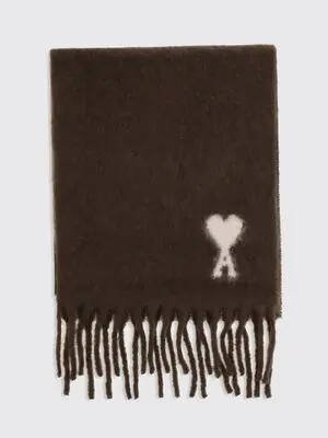 AMI Paris Alpaca Wool Scarf With Printed Logo And Fringed Edges - Brown