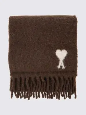 AMI Paris Alpaca Wool Scarf With Printed Logo And Fringed Edges Brown