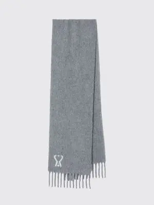 AMI Paris Alpaca Wool Scarf With Printed Logo And Fringed Edges - Grey