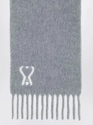 AMI Paris Alpaca Wool Scarf With Printed Logo And Fringed Edges - Grey