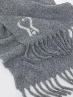 AMI Paris Alpaca Wool Scarf With Printed Logo And Fringed Edges - Grey