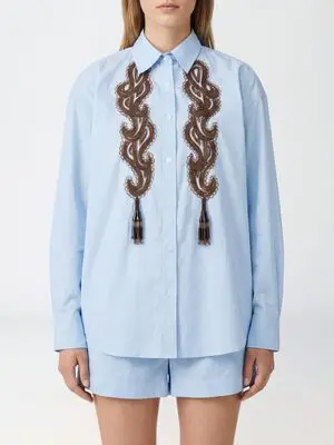 La DoubleJ Embroidered Cotton Shirt With Beads And Decorative Tassels - Blue