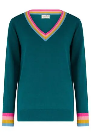 SUGARHILL BRIGHTON Doris V-neck Sweater Teal Rainbow Stripe - Blue
